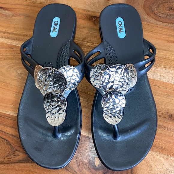 OKA b. | Shoes | Okab Black Thong Sandals Flip Flop Silver Medallions ...